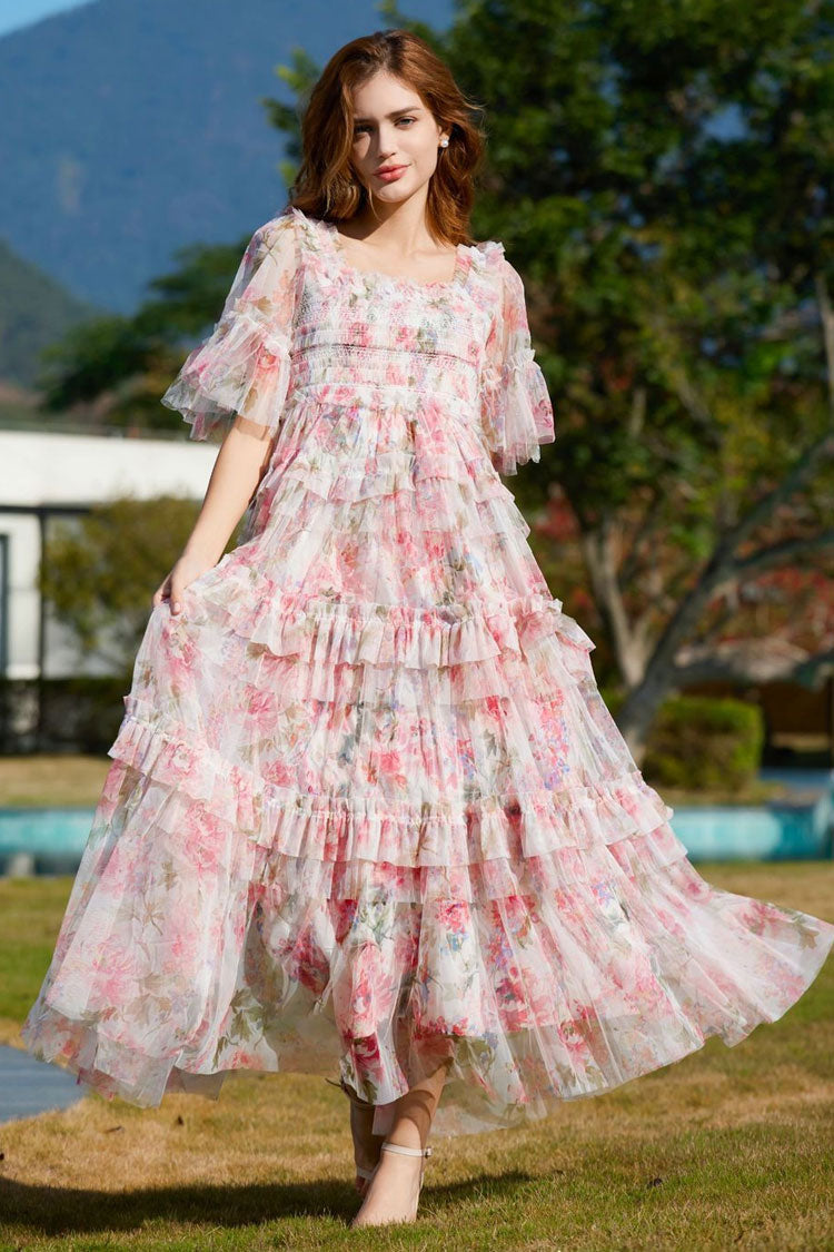 Romantic Square Neck Summer Floral Tulle Ruffle Layered Evening Maxi D – Yutuku