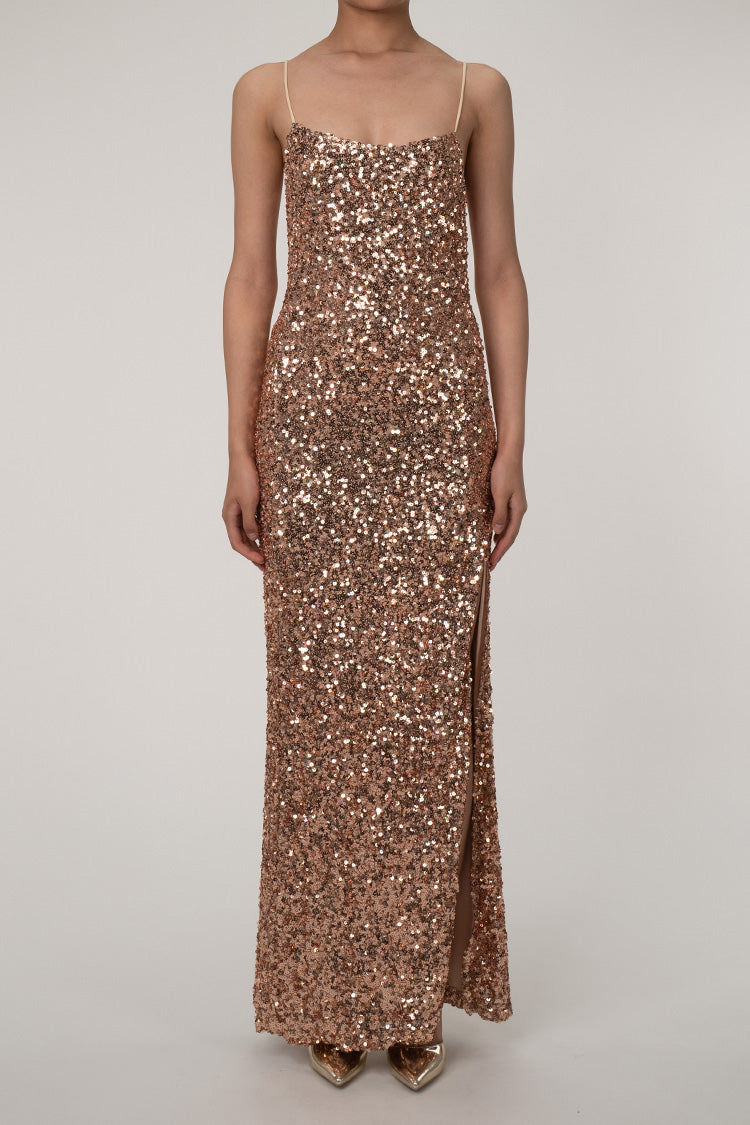 Sparkly Spaghetti Strap High Slit Sequin Maxi Dress - Bronze Gold – Yutuku