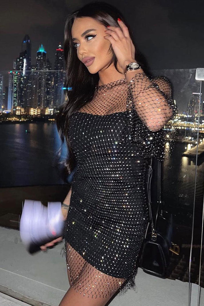 Sparkly Rhinestone Long Sleeve Fishnet Sheer Club Mini Dress - Black ...